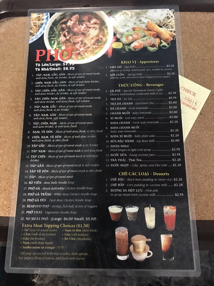 Menu at Pho 75 restaurant, Rockville
