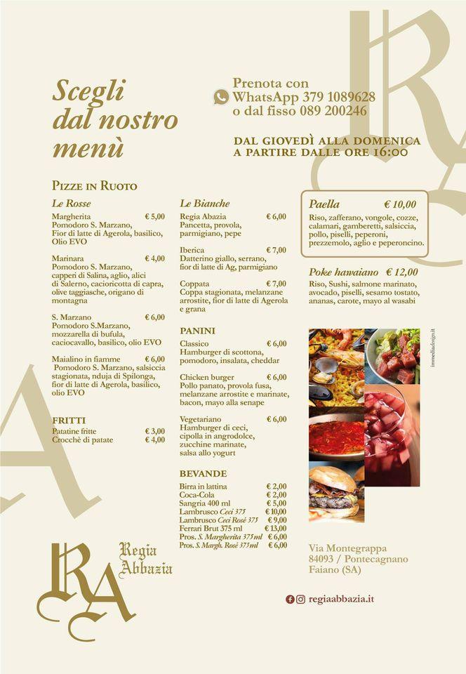 Menu at Regia Abbazia pizzeria, Pontecagnano
