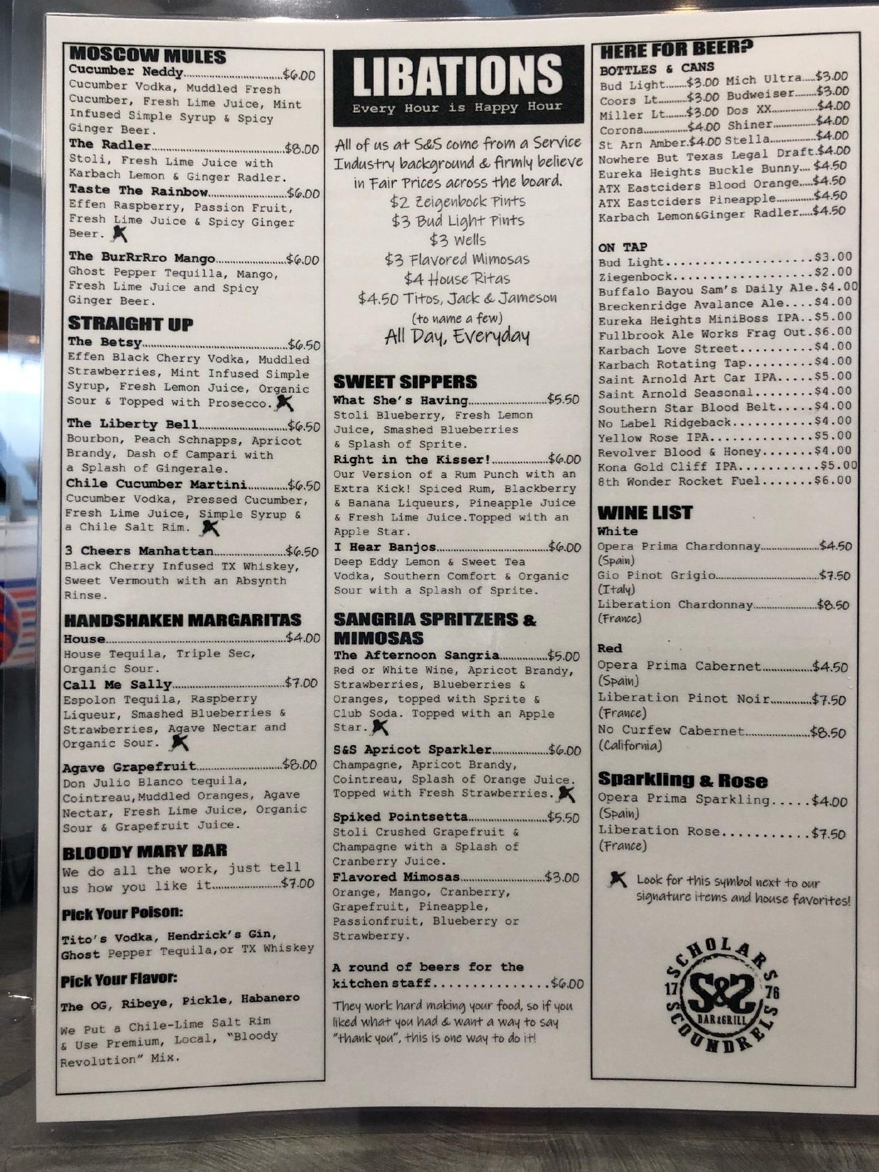 Menu at Scholars and Scoundrels pub & bar, Katy