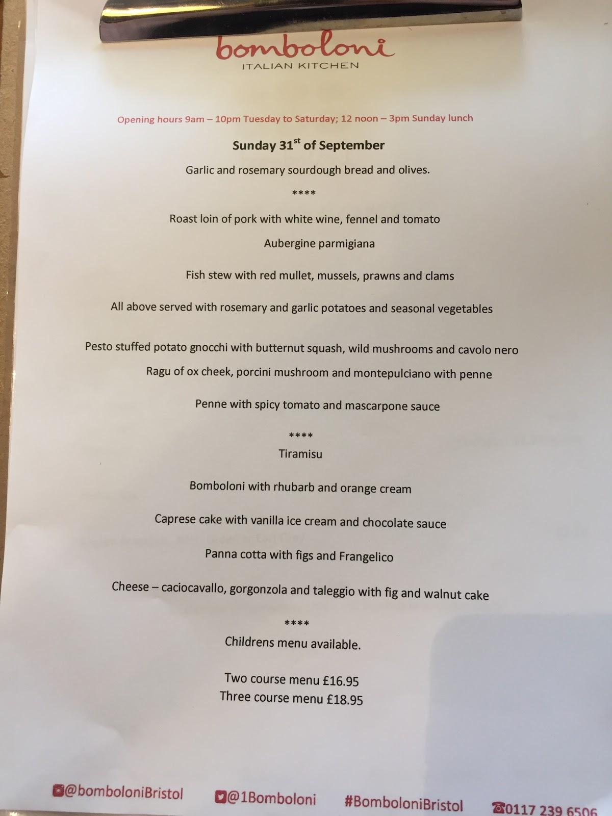 Menu at Bomboloni restaurant, Bristol