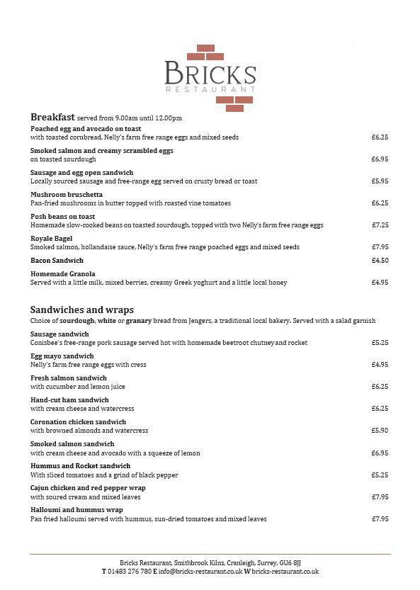 Menu at Bricks Coffee Shop cafe, Cranleigh, Smithbrook Kilns