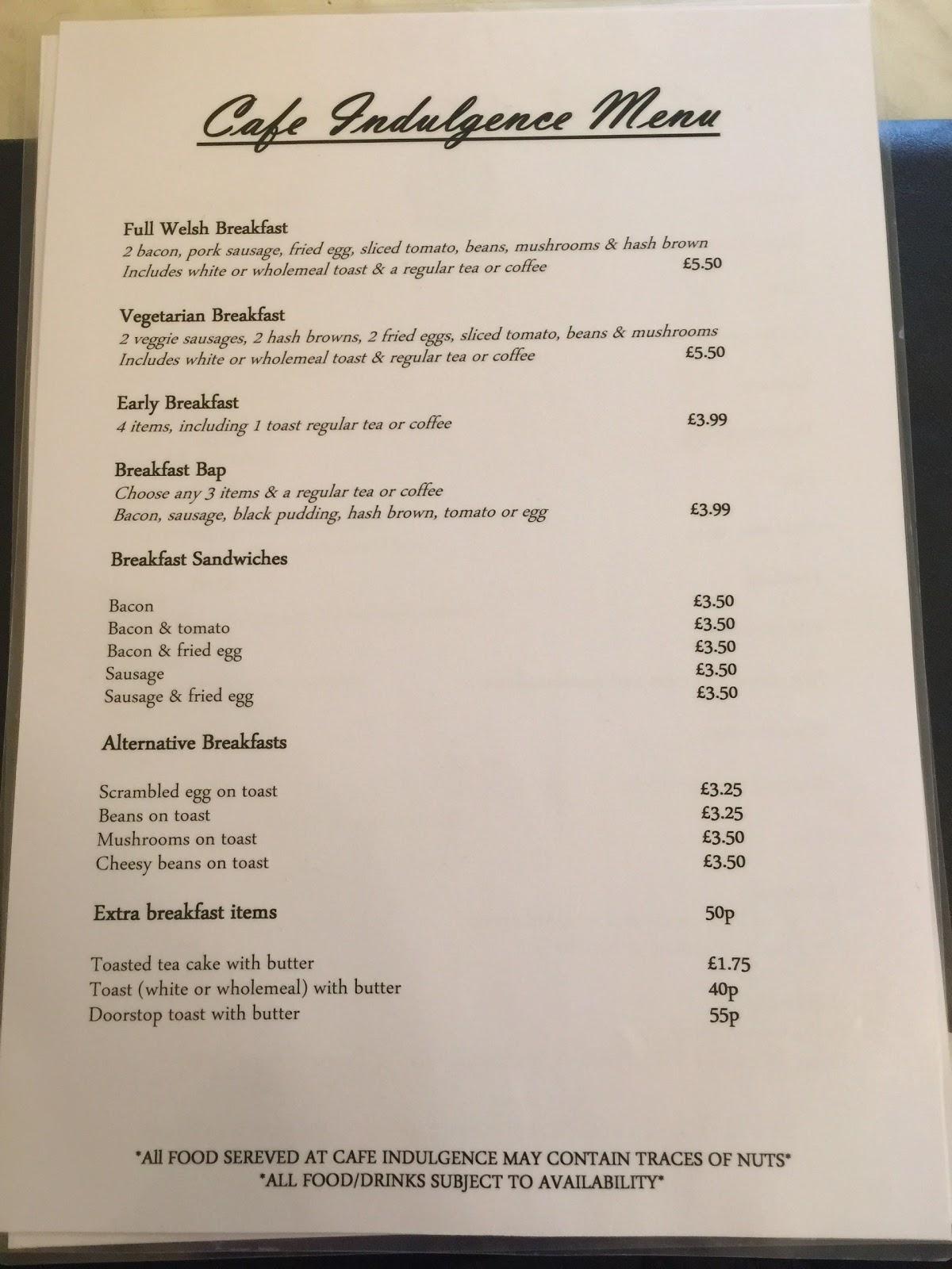 Menu at Cafe Indulgence, Llandudno