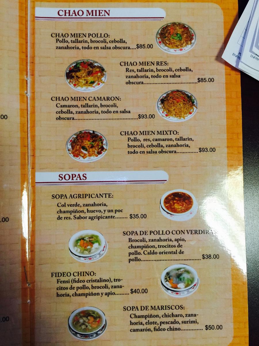 Menu at Kung Fu restaurant, Monterrey