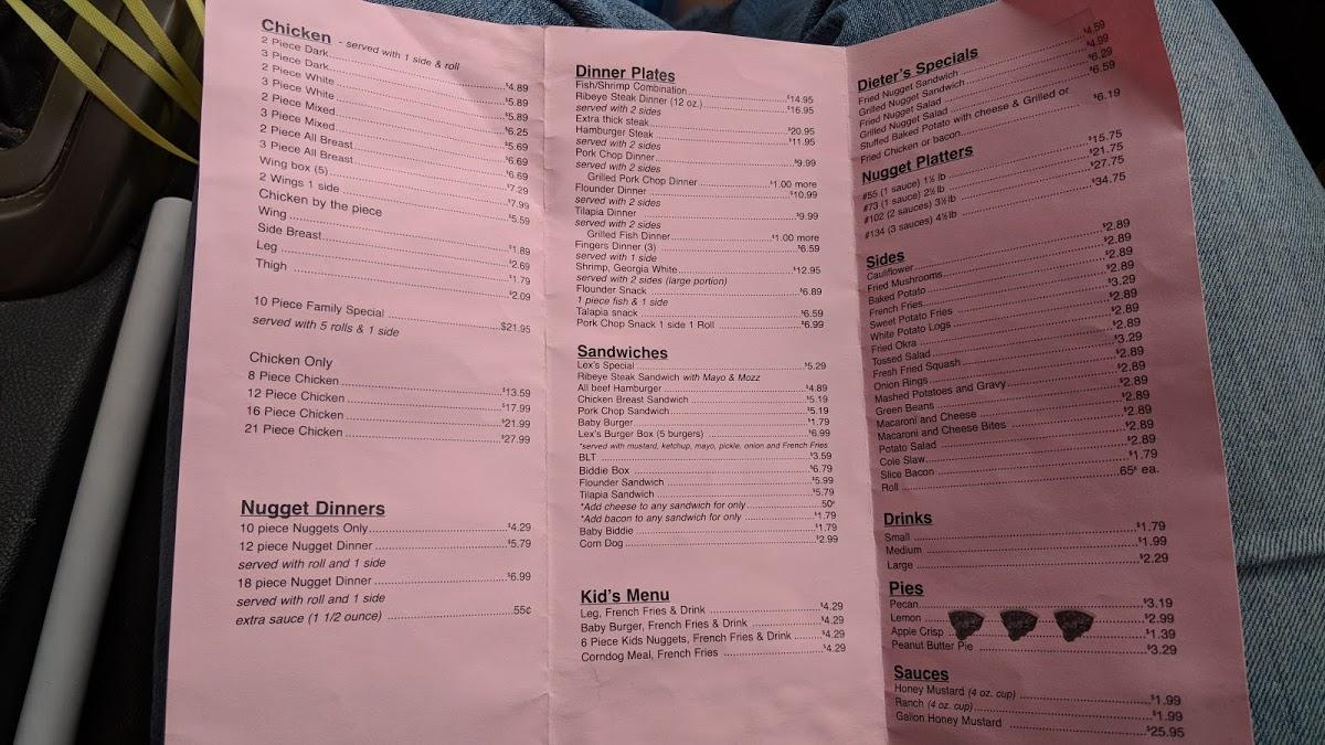 Menu at Lex's restaurant, Claxton