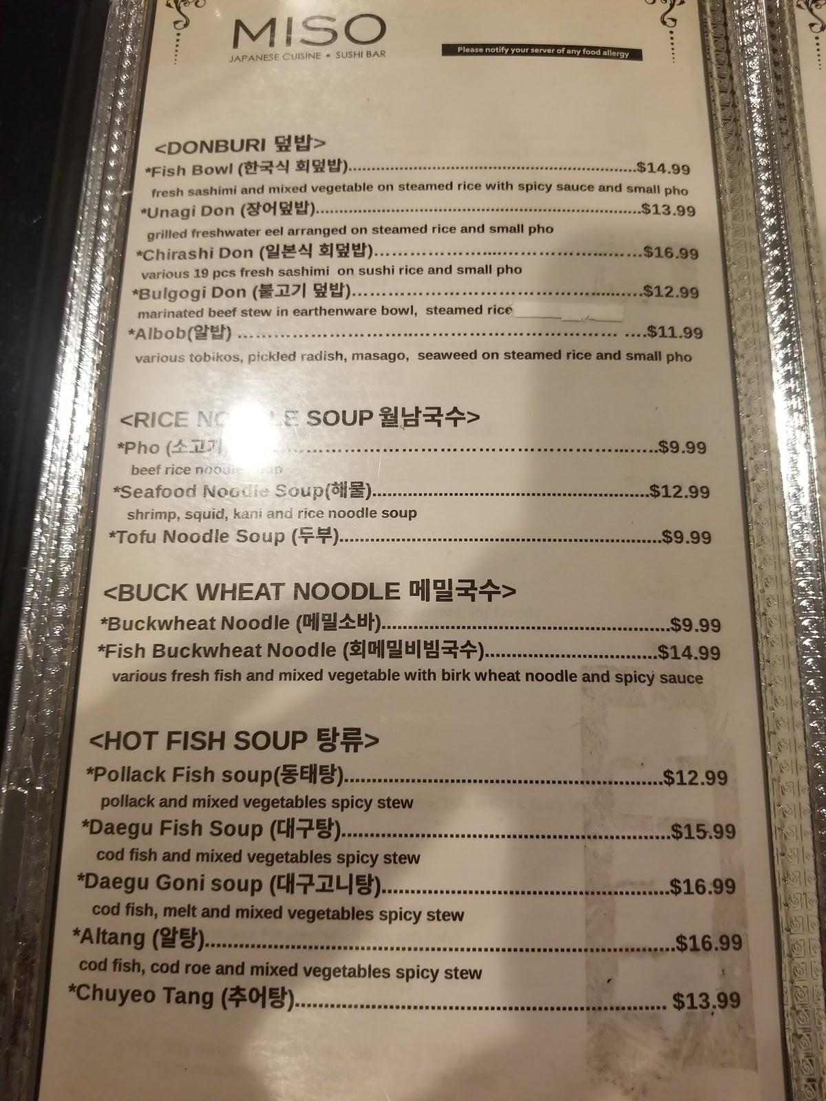 Menu at Miso Sushi House restaurant, West Point