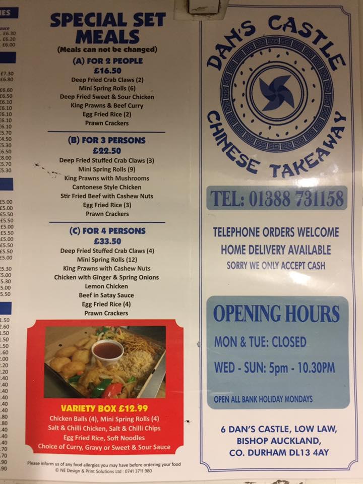 Menu at New Dans Castle Chop Suey House fast food, Tow Law