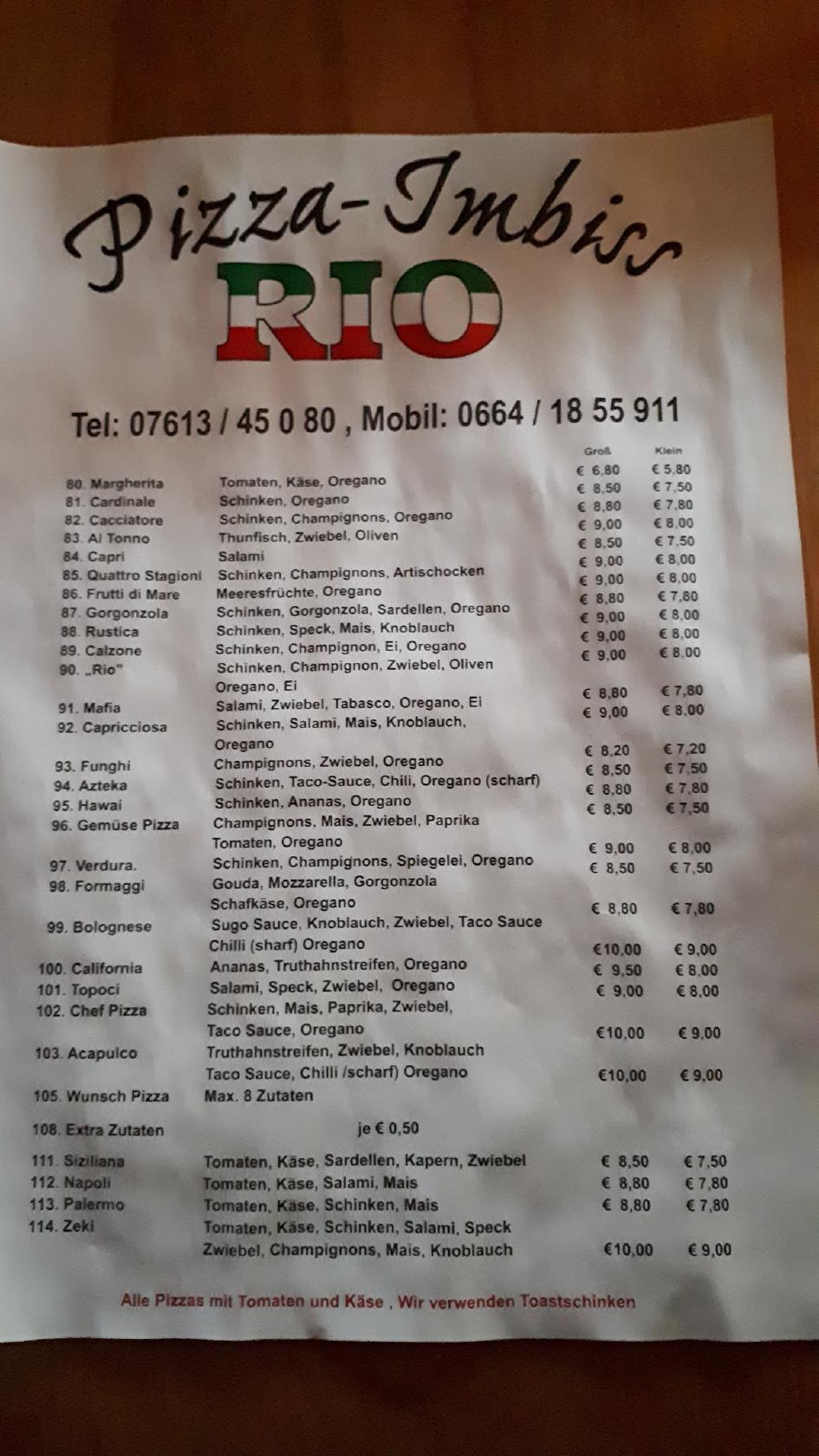 Speisekarte von Pizzeria Rio, Laakirchen
