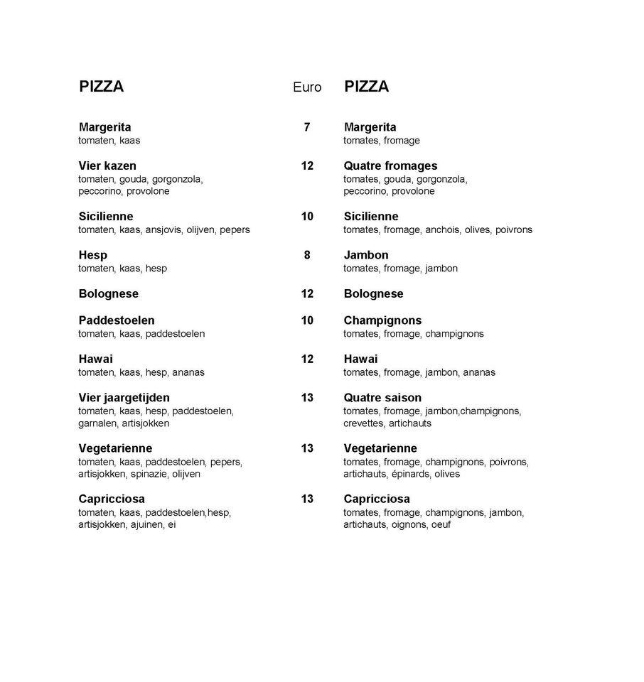 Menu at Ristorante Pizzeria Etna, Tongeren