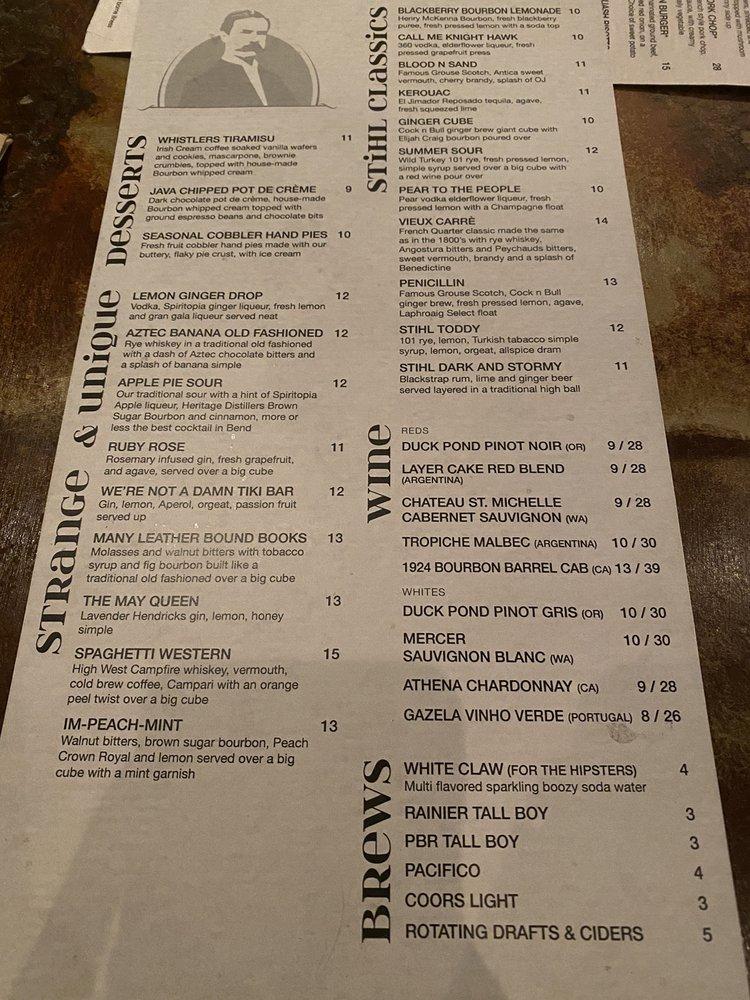 Menu at The Stihl Whiskey Bar, Bend