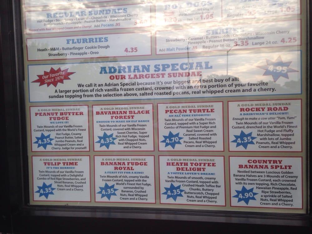 Menu at Adrian's Frozen Custard restaurant, Burlington