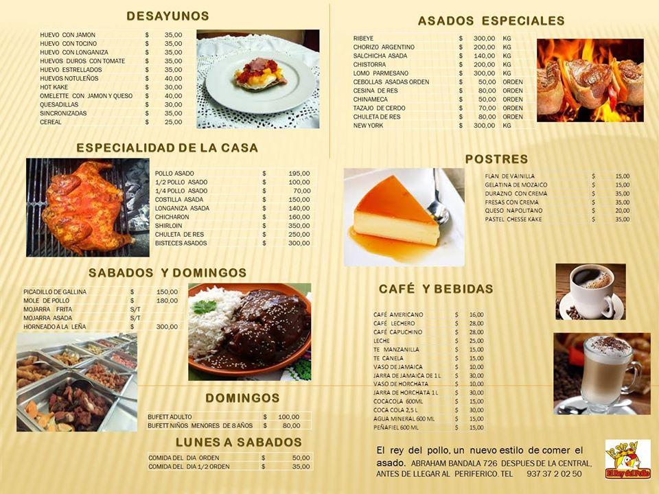 Menu at El rey del pollo restaurant, Cárdenas