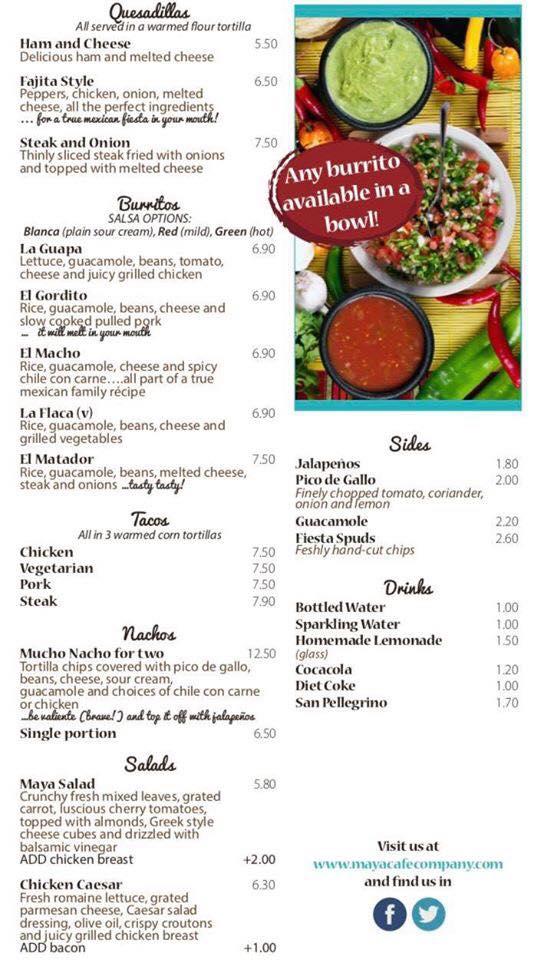 Menu at Maya Cafe, Newry, 12A Monaghan St