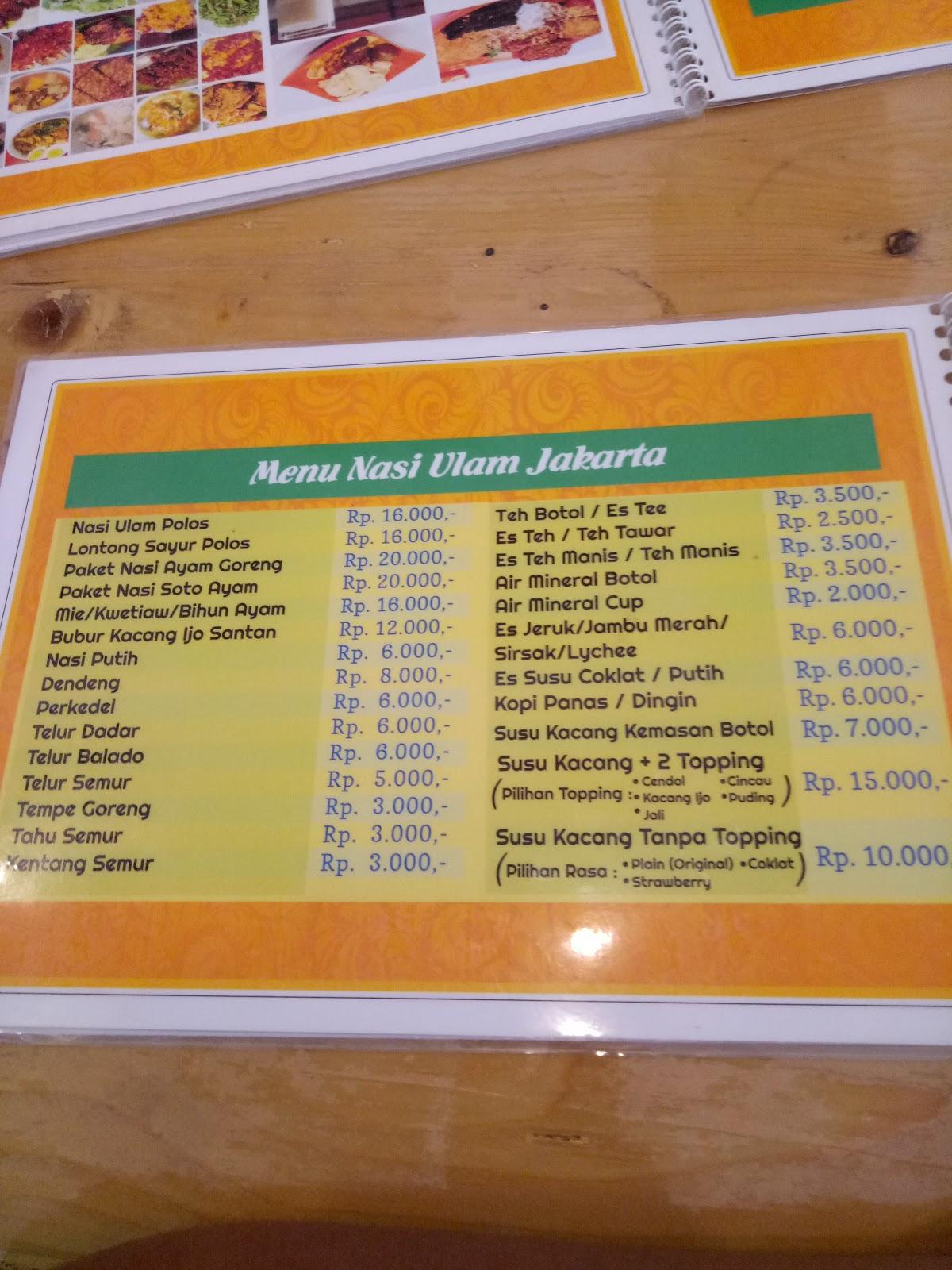 Menu at Nasi Ulam Jakarta Taman Surya restaurant, West Jakarta