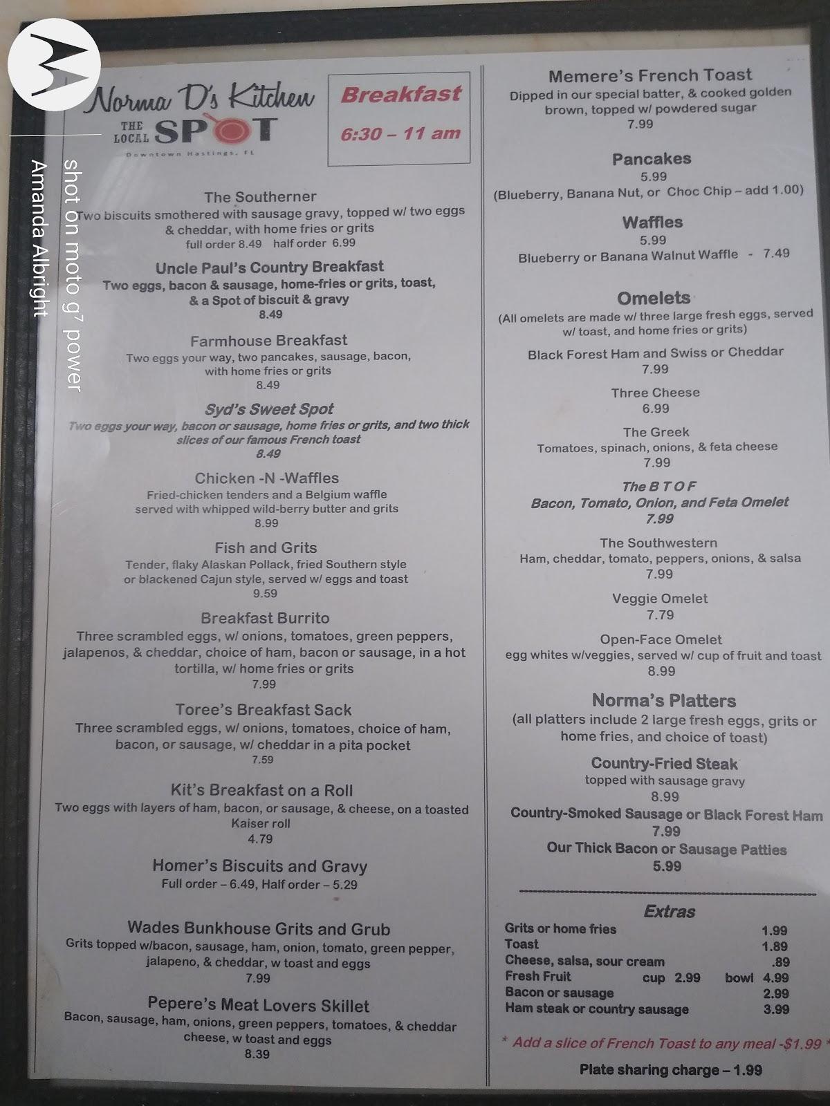 Menu at Norma D’s restaurant, Hastings