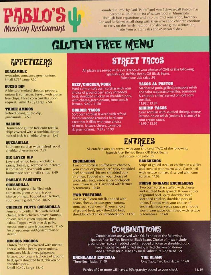 Menu at Pablo's Mexican Restaurant, Shakopee