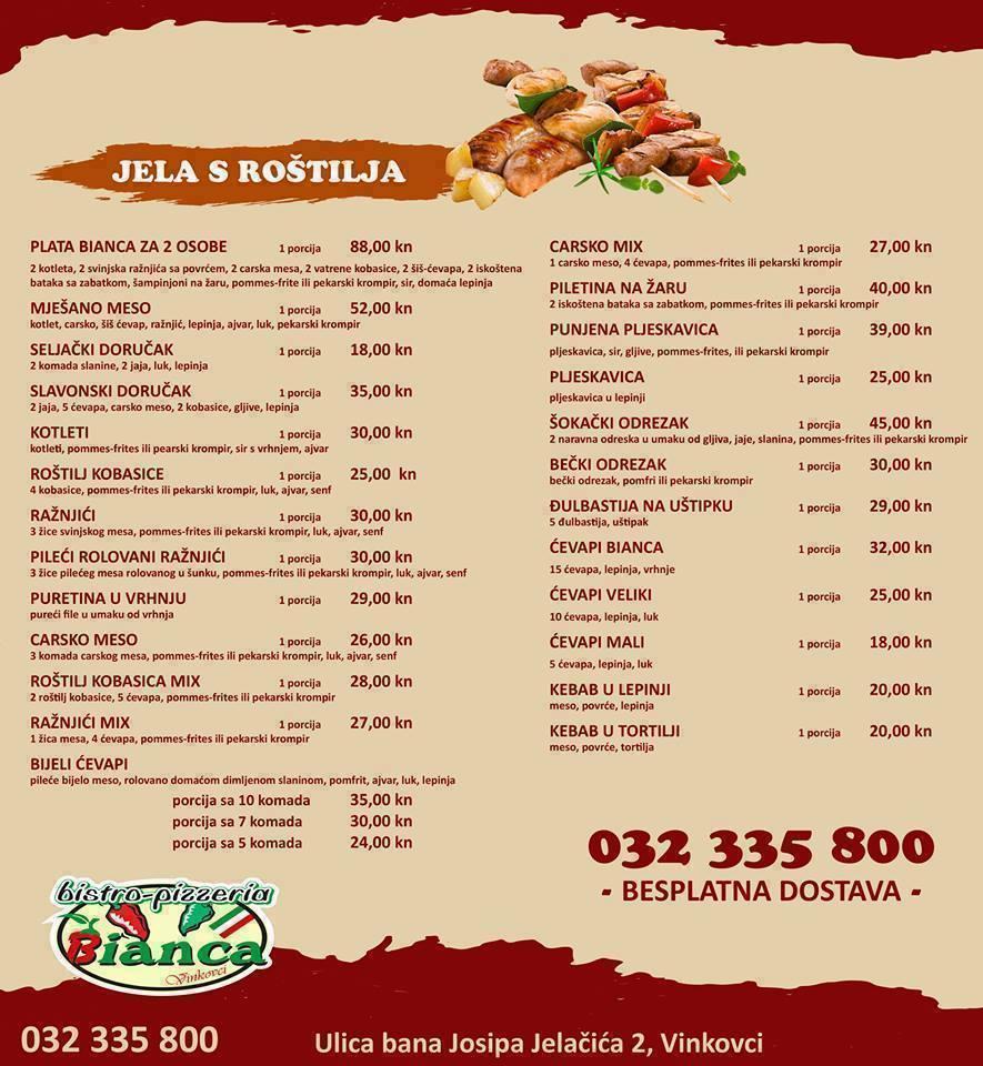 Menu at Bianca restaurant, Vinkovci