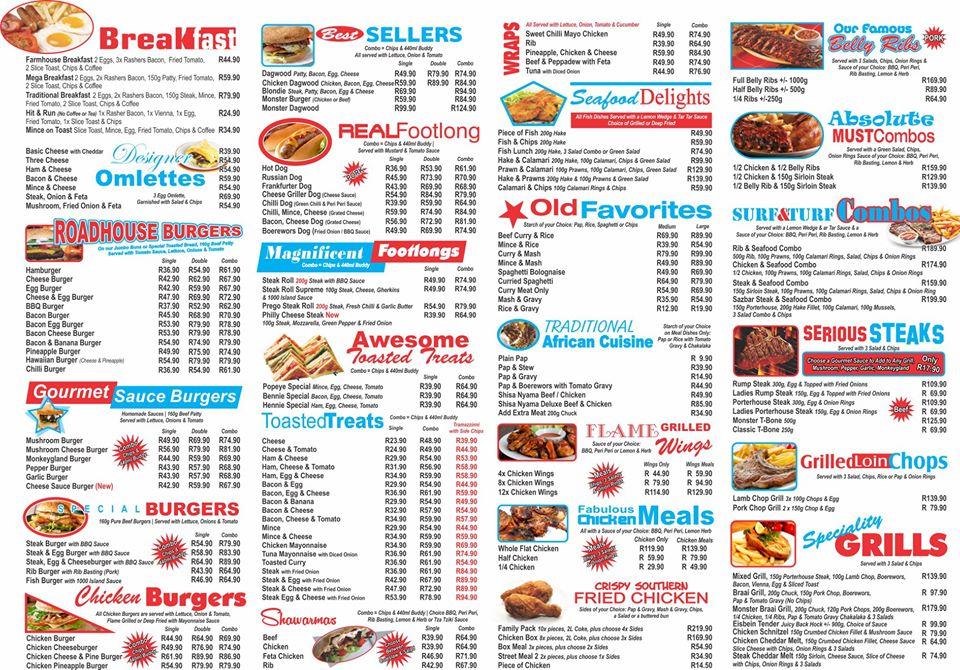 Carta de Sazbar Roadhouse Brakpan, Brakpan