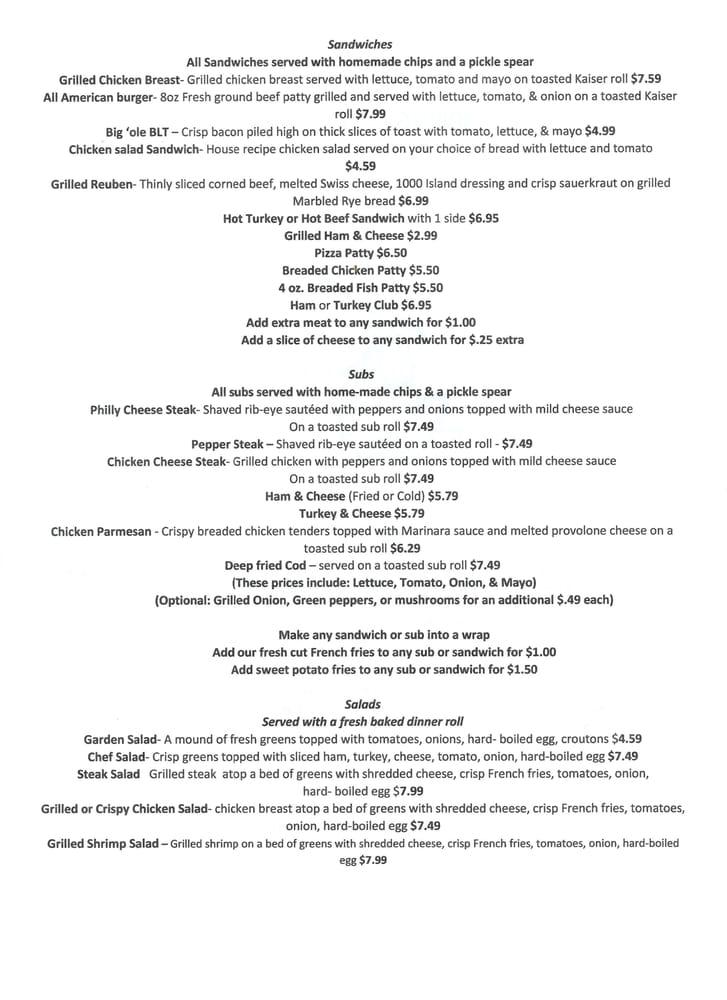 Menu at Spring Creek Diner restaurant, Three Springs