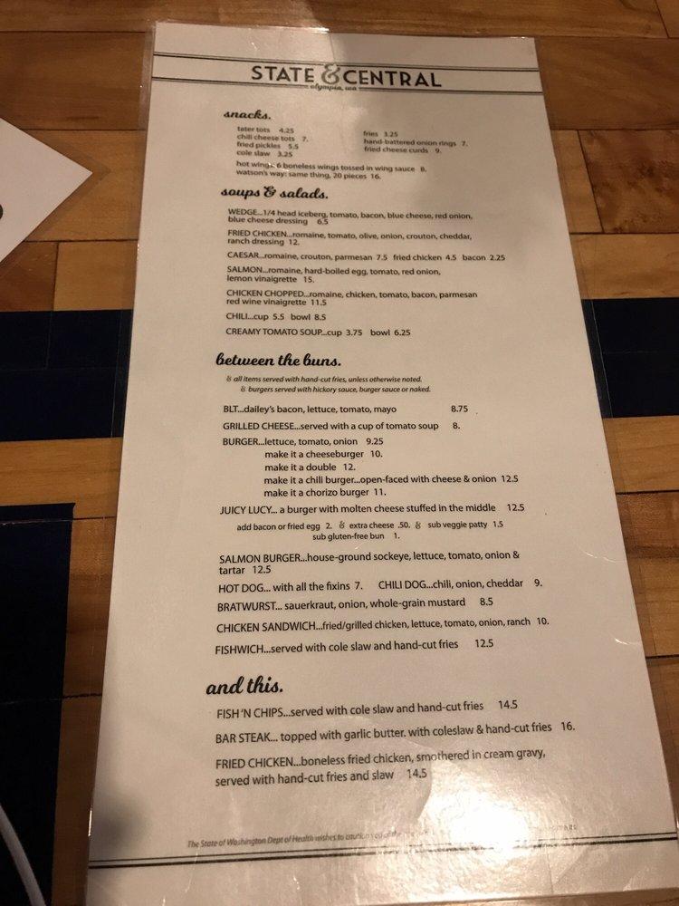 Menu at State & Central pub & bar, Olympia