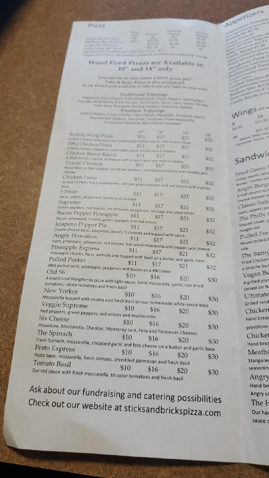Menu at Sticks & Bricks Wood Fired Pizza pizzeria, Erie, E Grandview Blvd