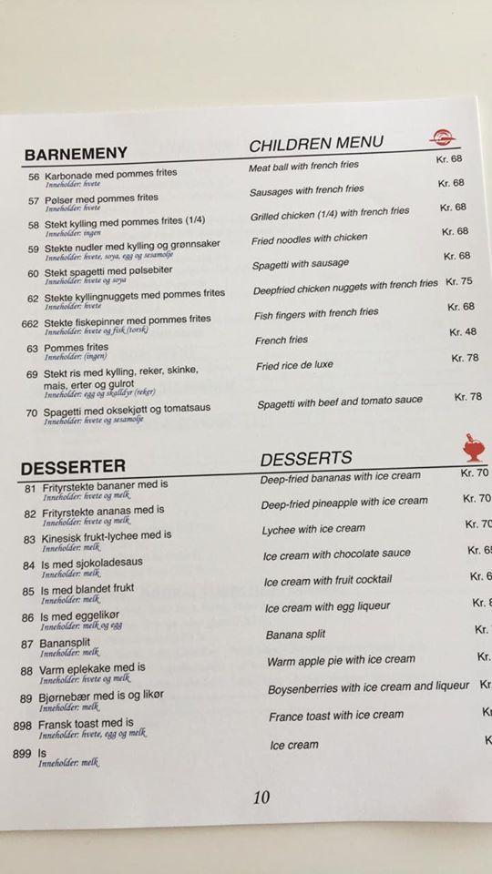 Menu at The Great Wall restaurant, Ålgård