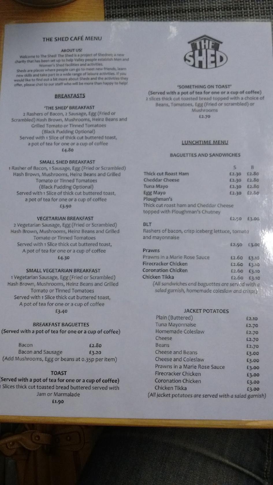Menu at The Shed cafe, Porth