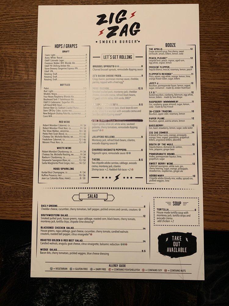 Menu at Zig Zag Smokin' Burger pub & bar, Greenwood Village