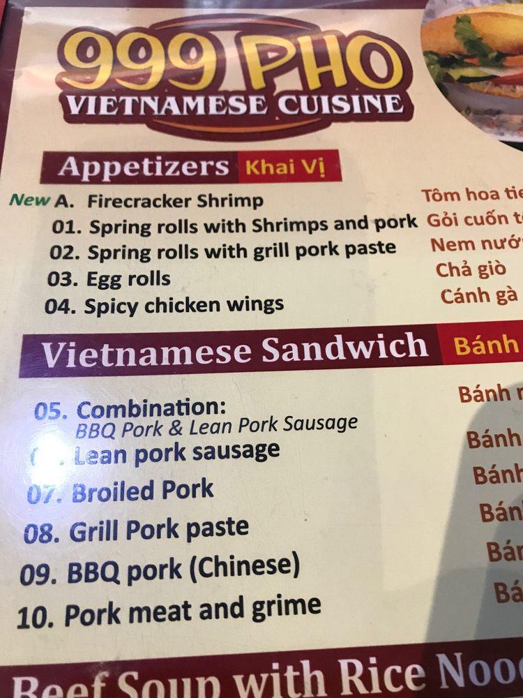 Menu at 999 Phở restaurant, Reno, Kietzke Ln