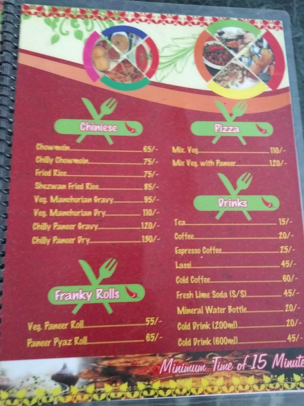 Menu at Centre Forward, Agra
