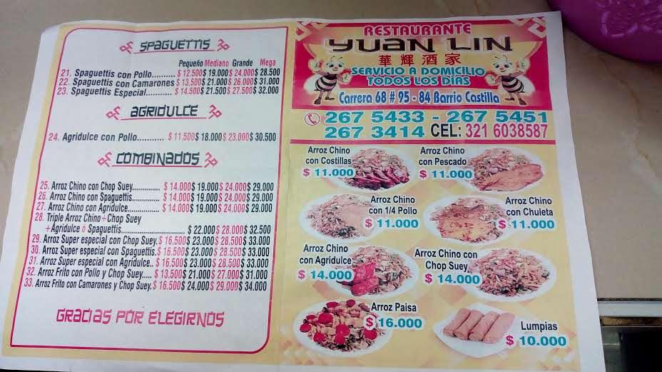 Menu at RESTAURANTE YUAN LIN, Colombia