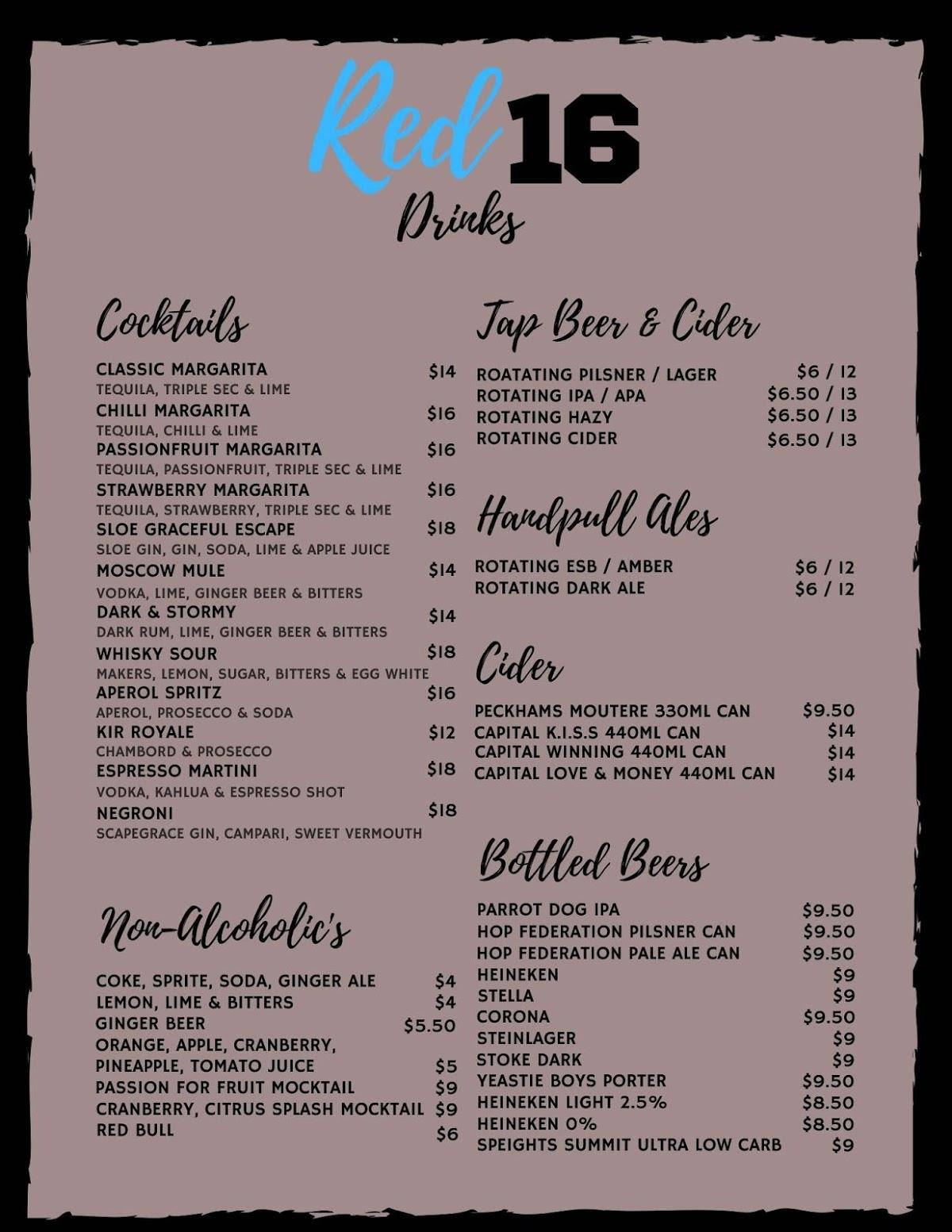 Menu at Red16 pub & bar, Nelson