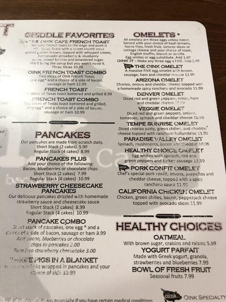 Menu at The Oink Cafe, Phoenix