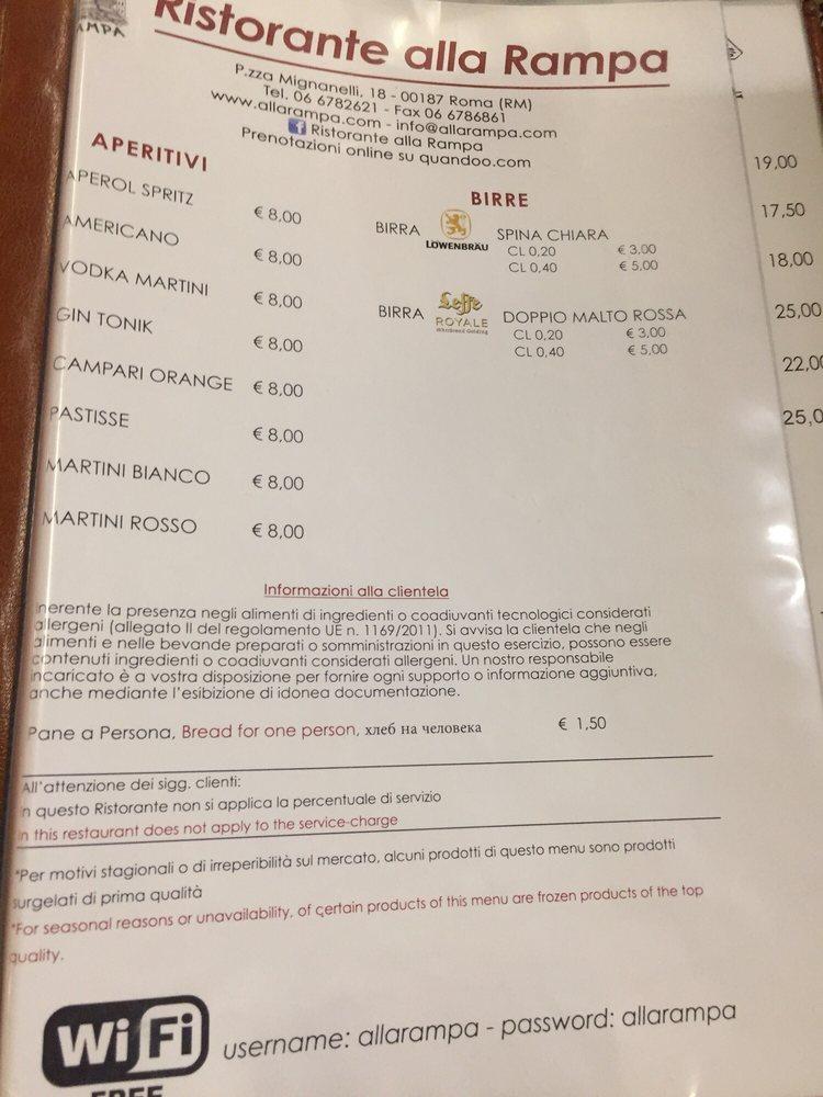 Carta del restaurante Alla Rampa, Roma, Piazza Mignanelli