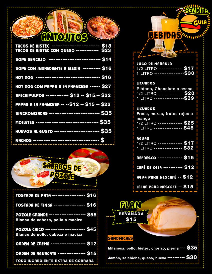 Menu at Bendita Gula restaurant, Mexico