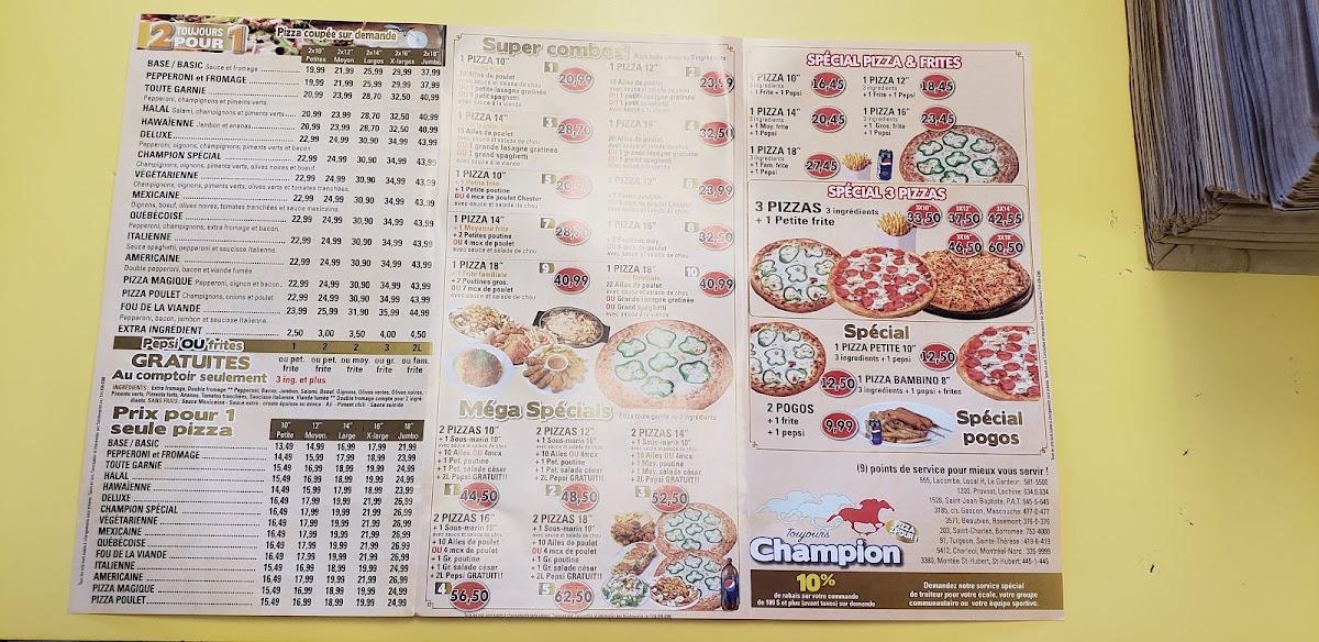 Menu au Pizza Champion Repentigny 2 pour 1 pizzeria, Repentigny