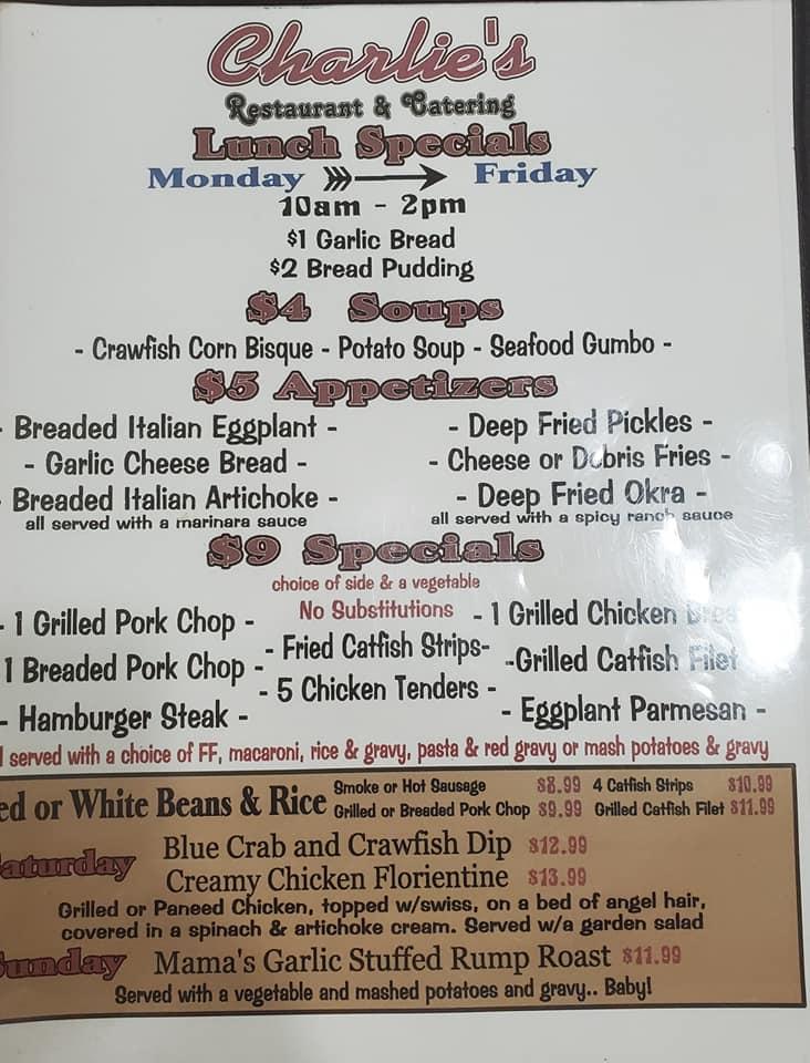 Menu at Charlie's Restaurant-Catering, Violet