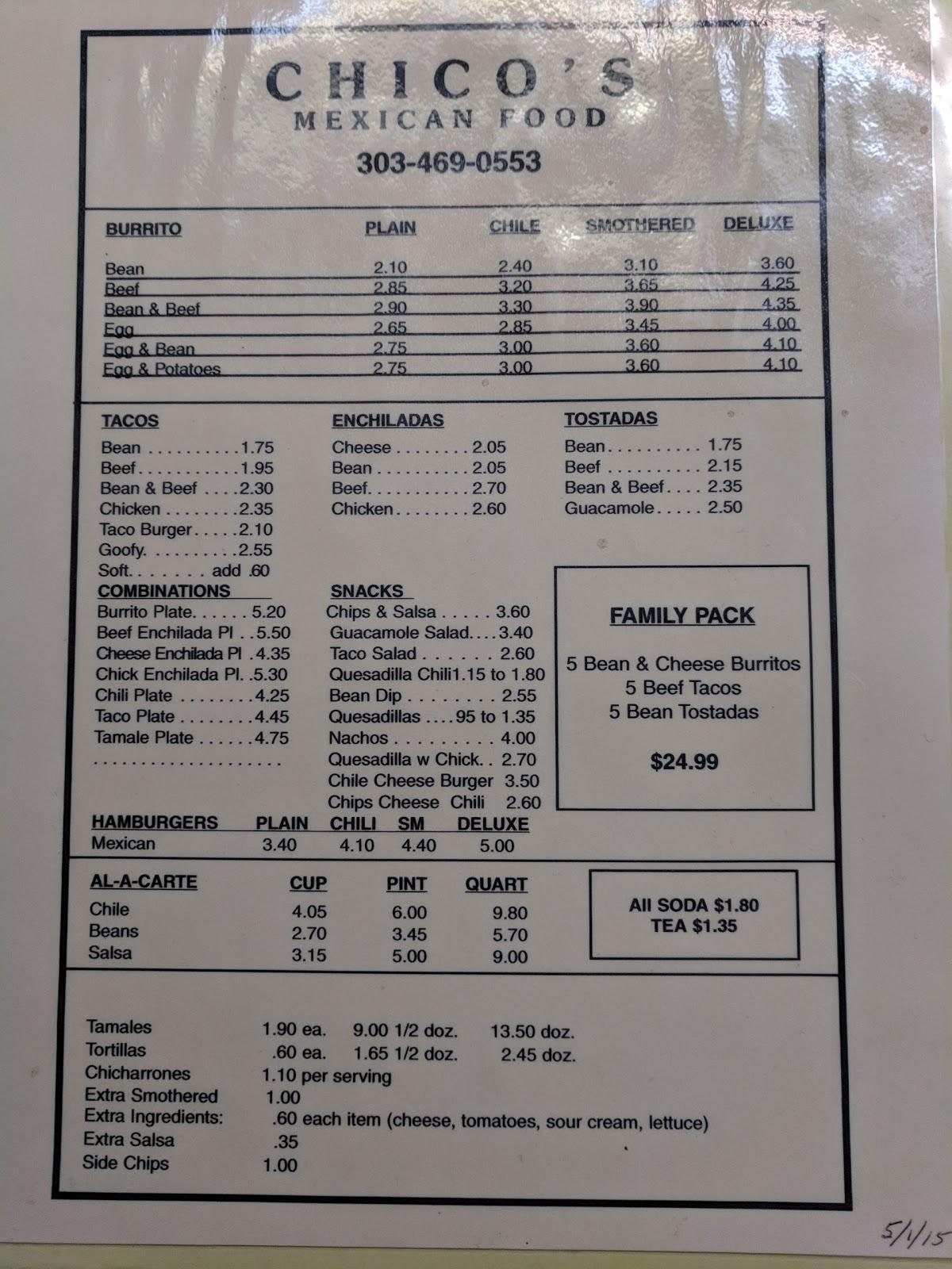 Menu at Chico's Mexican Food restaurant, Broomfield