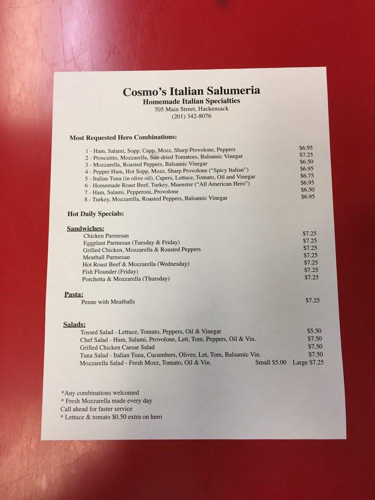 Menu at Cosmo's Italian Salumeria pizzeria, Hackensack