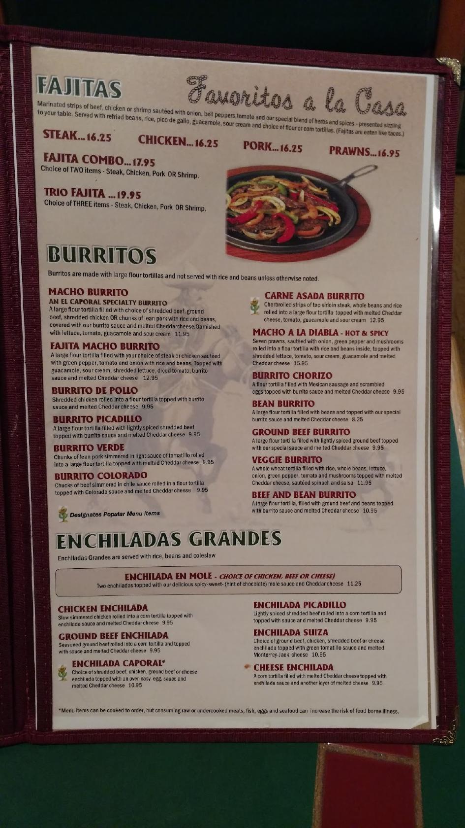 Menu at El Caporal II restaurant, Ellensburg