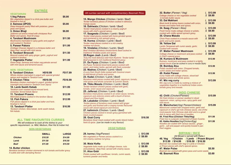Menu at Indian Pavilion restaurant, Tauranga