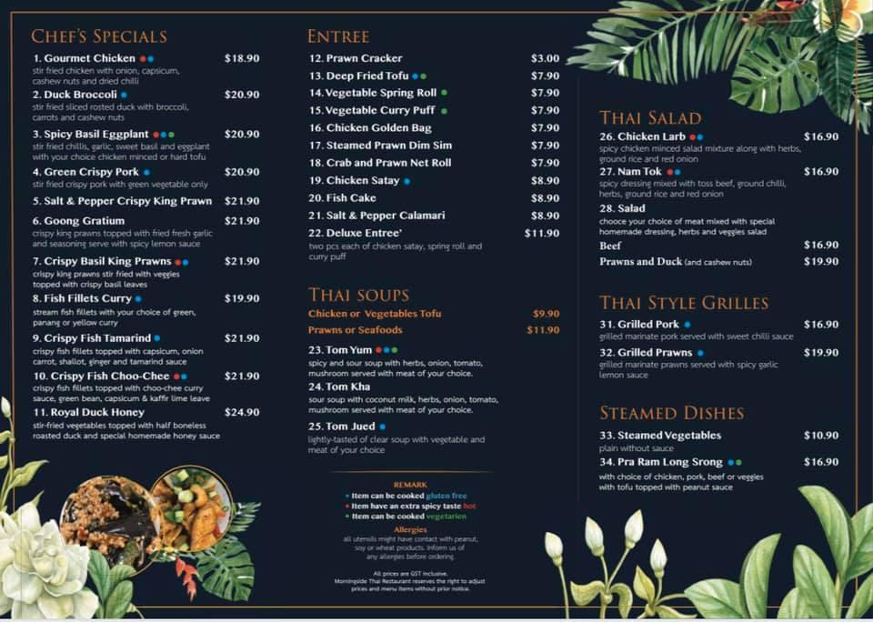 Menu at Morningside Thai Restaurant, Morningside