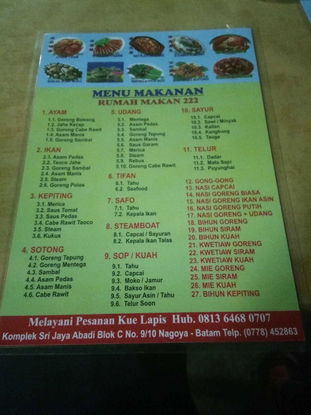 Menu at New 222 restaurant, Batam