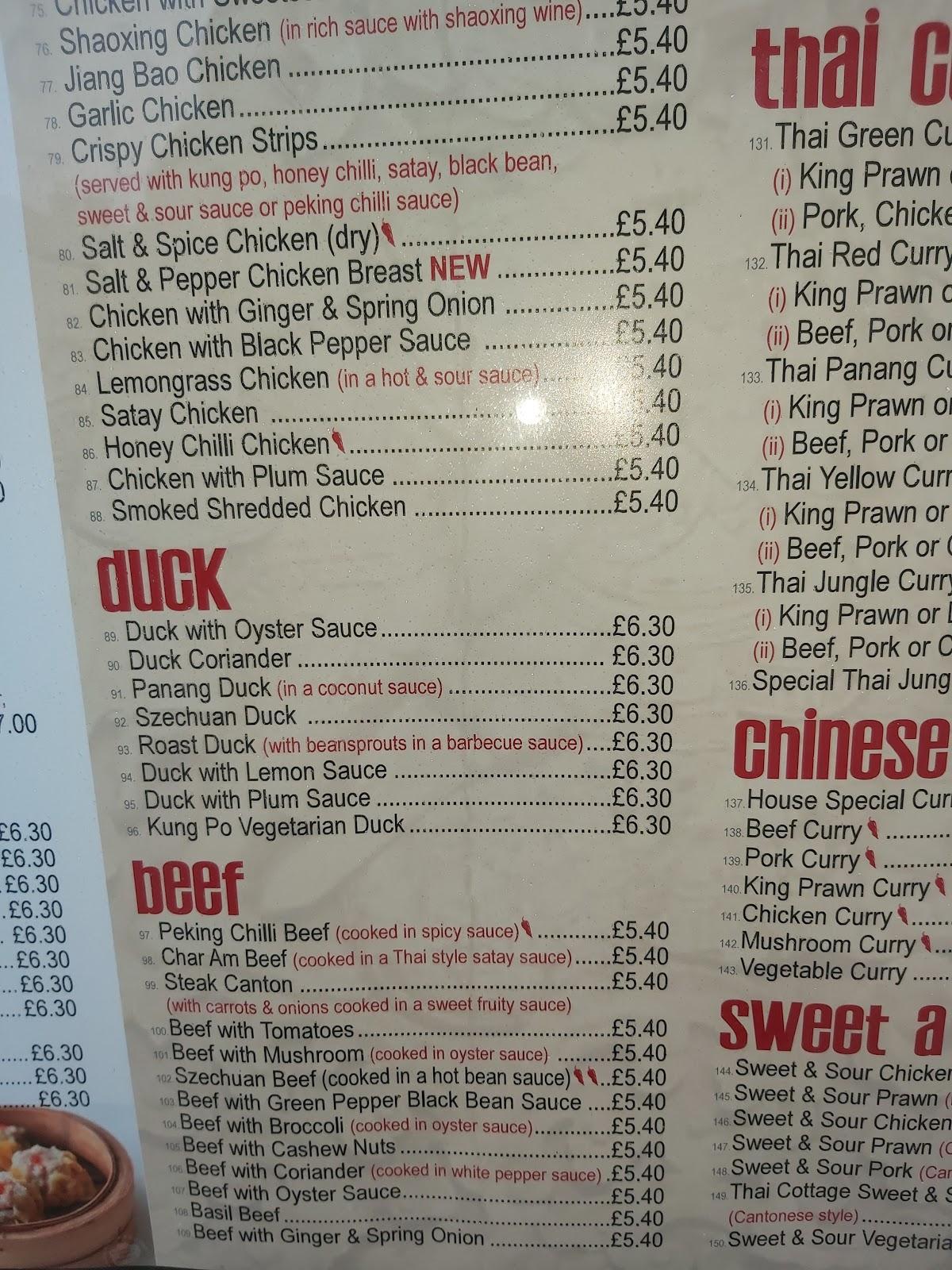 Menu at Thai Cottage restaurant, Lossiemouth