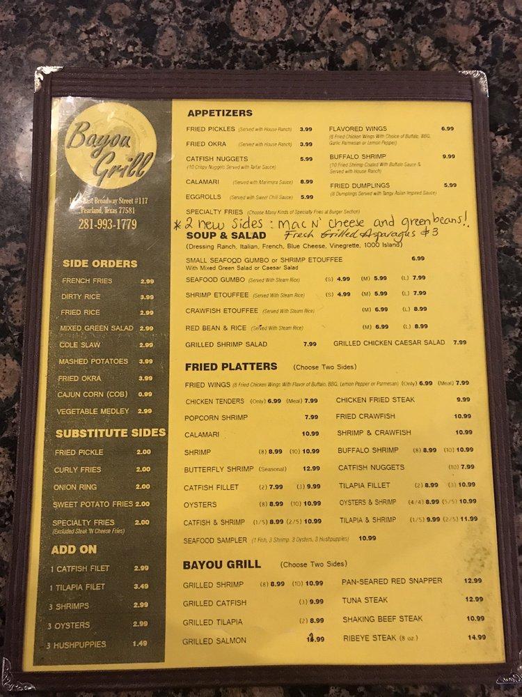 Menu at Bayou Grill restaurant, Pearland