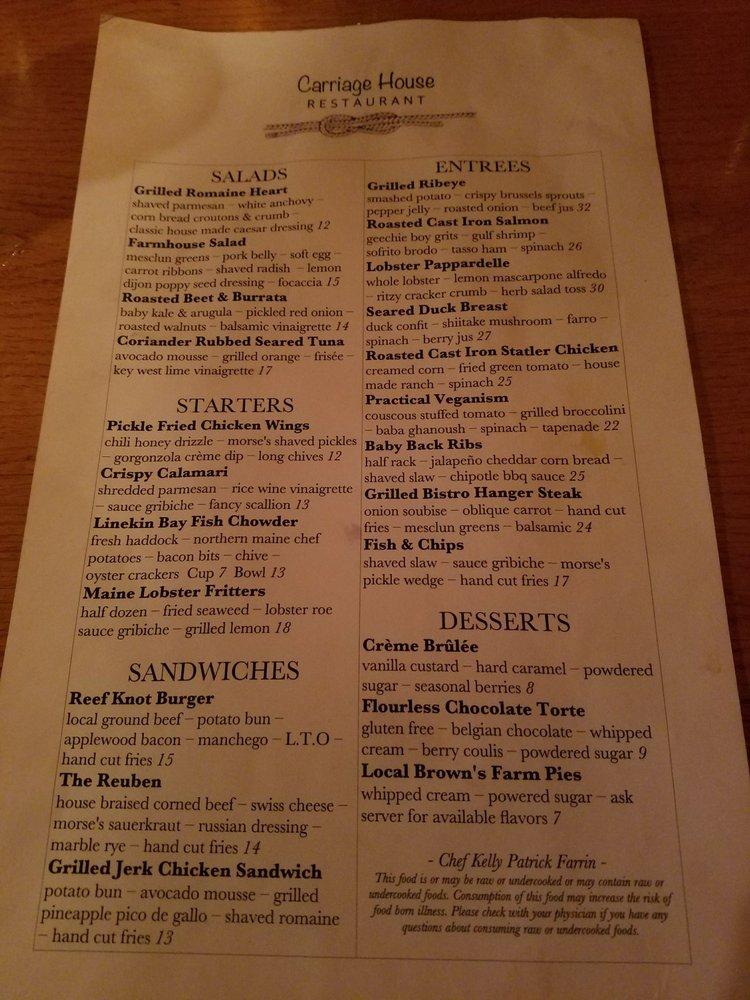 Menu at Carriage House Restaurant, Boothbay