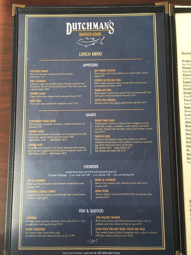Menu at Dutchman's Seafood House restaurant, Morro Bay