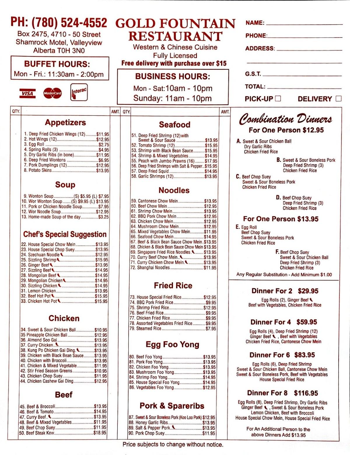 Menu at Gold Fountain Restaurant, Valleyview