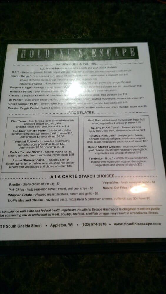 Menu at Houdini's Escape Gastropub, Appleton