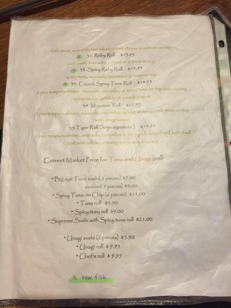 Menu at Kinja Japanese Restaurant, Yelm