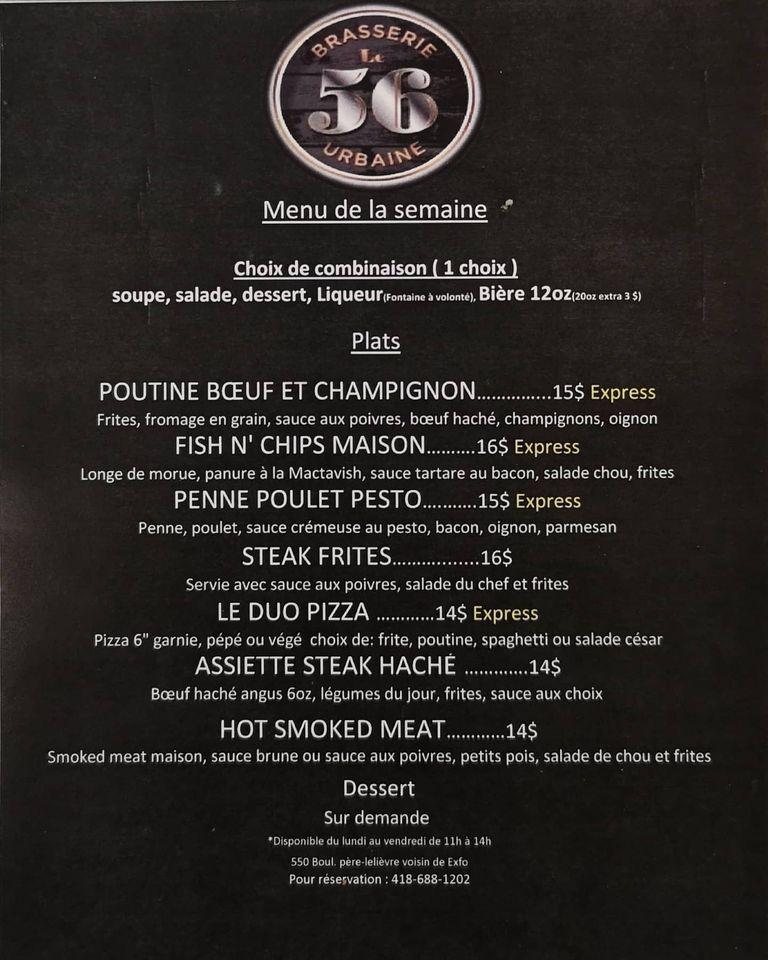 Menu at Le 56 Brasserie Urbaine restaurant, Québec City